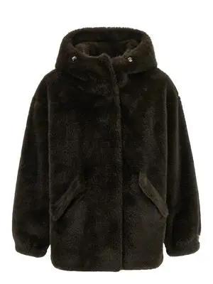 LOU ANDREA Faux Fur Hooded Jacket With Leather Logo Patch - Green