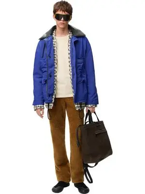 Loewe Technical Cordura Shell Jacket With Detachable Leather Collar And Check Lining - Blue