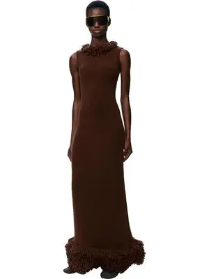 Loewe Wool Blend Maxi Dress With Fur Stitch Trim - Brown