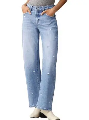 BAYEAS Floral Embroidered Mid Rise Barrel Denim Jeans - Blue