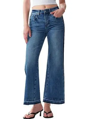 BAYEAS Bayeas Mid Rise Wide Leg Two-Tone Splice Jeans With Frayed Hem Blue