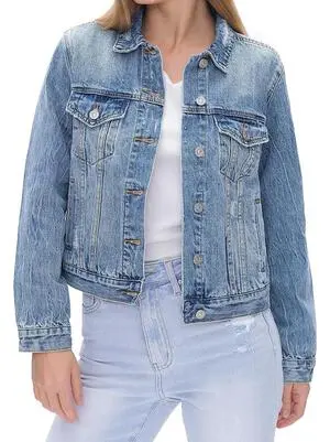BAYEAS Distressed Light Wash Denim Jacket - Blue