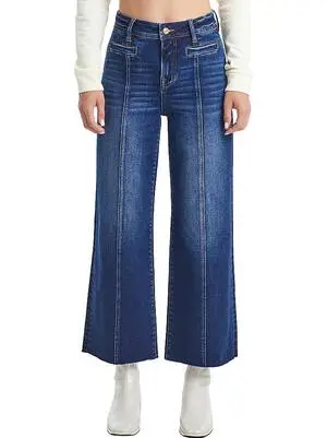 BAYEAS High Rise Wide Leg Jeans With Vertical Front Seam And Raw Hem In Dark Wash - Blue