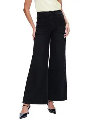 BAYEAS Embroidered High Rise Wide Leg Raw Hem Denim Jeans - Black