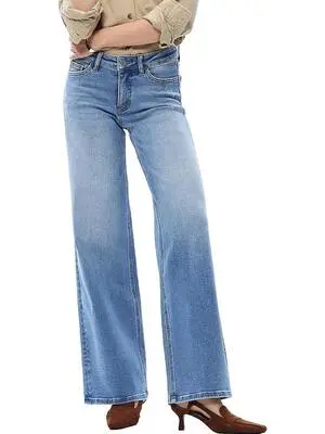 BAYEAS Mid Rise Wide Leg Stretch Denim Jeans - Blue
