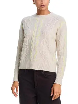 Aqua 100% Cashmere Cable Knit Crewneck Sweater - Oatmeal/yellow