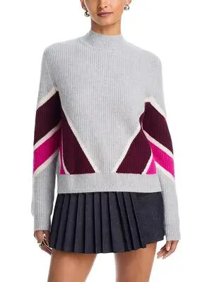 Aqua Striped Mock Neck Cashmere Sweater - Light Grey Multi