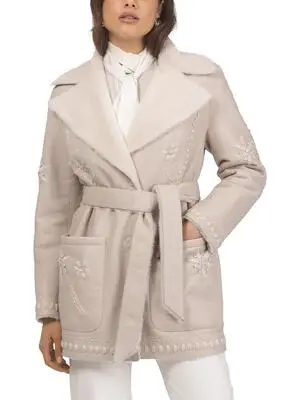 Gorski Merino Shearling Lamb Jacket With Embroidery And Belt - Cream