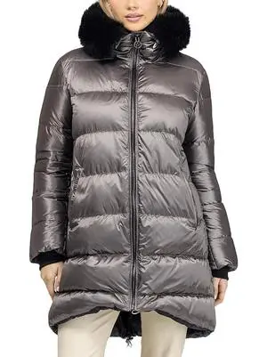 Gorski Mid-length Down Jacket With Detachable Toscana Lamb Hood Trim - Greige/black