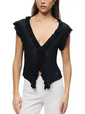 NOCTURNE Ruffled V-neck Sheer Blouse - Black