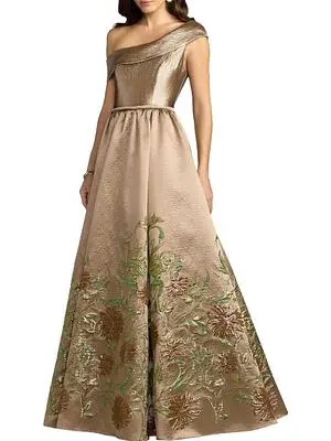 Mac Duggal One Shoulder Metallic Floral Ballgown - Beige Multi