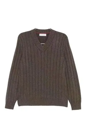Brunello Cucinelli Ribbed V-neck Jumper - Brown