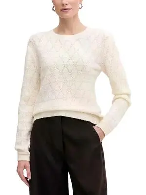 MORGAN Diamond Pattern Round Neck Long Sleeve Sweater - Neutrals