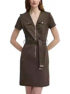 MORGAN Belted V-neck Dress - Brown