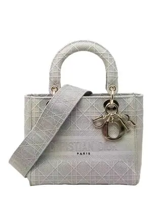 Dior Embroidered Canvas Cannage Lady D Lite Satchel - Grey