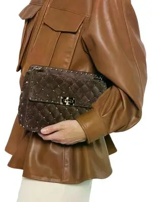 Valentino Garavani VALENTINO Medium Rockstud Spike Shoulder Bag Brown