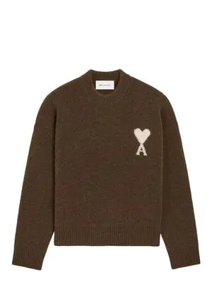 AMI Paris De Coeur Wool Crewneck Sweater - Brown