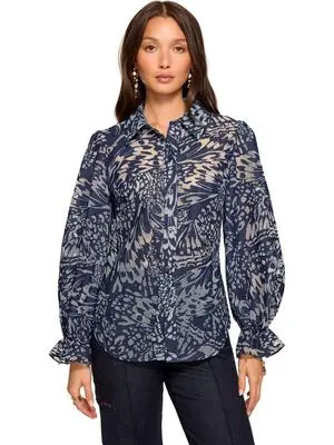 Ramy Brook Joy Printed Long Sleeve Blouse - Navy Burnout