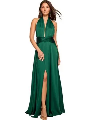 Ramy Brook Jasmine Plunging Halter Gown - Deep Emerald