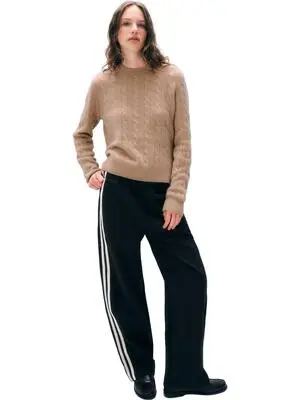 WHITE & WARREN Cashmere Varsity Cable Crewneck - Graphite Heather