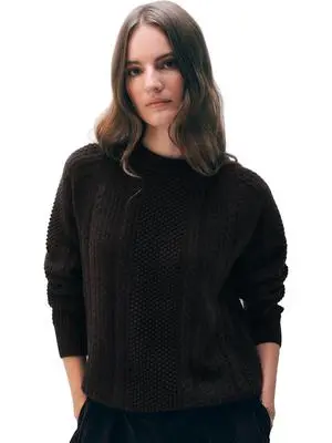 WHITE & WARREN Cashmere Luxe Cable Crewneck Top - Dark Umber
