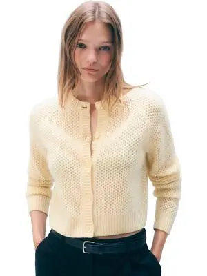 WHITE & WARREN Cashmere Mesh Cardigan Sweater - Lemonade