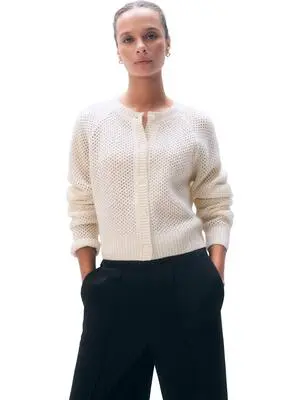 WHITE & WARREN Cashmere Mesh Cardigan Sweater - Soft White