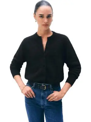 WHITE & WARREN Brushed Cashmere Crewneck Cardigan - Black