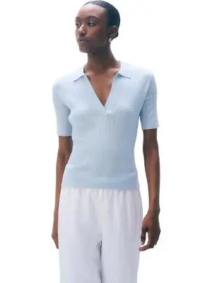 WHITE & WARREN Cashmere Linen Blend Polo Sweater - Blue