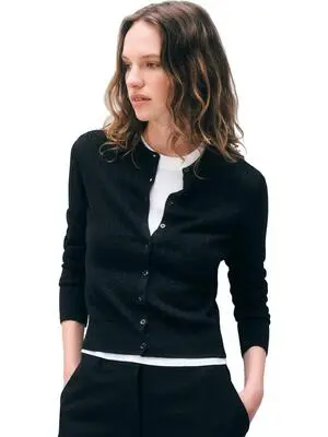 WHITE & WARREN Cashmere Linen Blend Cable Button Cardigan Sweater Black