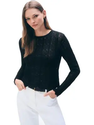WHITE & WARREN WHITE & WARREN Cotton Pointelle Crewneck Top Black