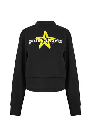Palm Angels Mockneck Cropped Sweatshirt With Star And Letter Print - Black