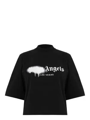 Palm Angels Mock Neck Cropped Tee With Dripping Effect Print - Black