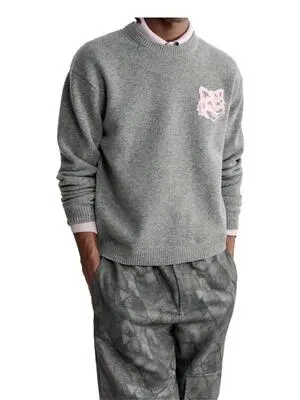 Maison Kitsuné Fox-head Intarsia Crew Neck Sweater - Medium Gray