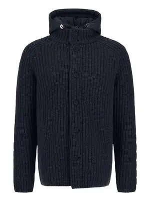 Herno Chunky Ribbed Knit Cotton Garment With Detachable Hood - Navy Blue