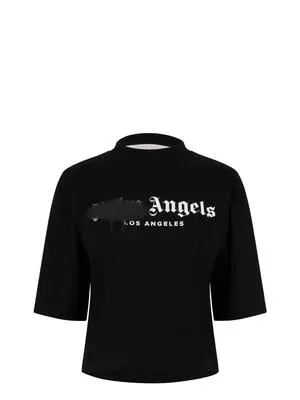 Palm Angels Mock Neck Cropped Top With Letter Print - Black