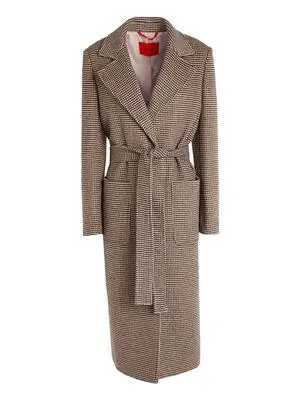 MAXCO. Houndstooth Pattern Collared Coat With Tie Detail - Brown