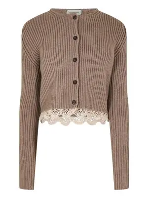 Magda Butrym Cropped Ribbed Cardigan With Lace Trim - Brown