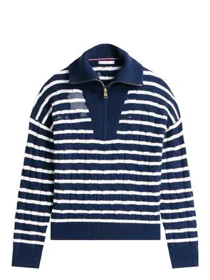 Tommy Hilfiger Striped Quarter Zip Knit Sweater - Blue