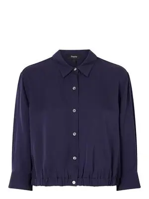Theory Gathered Crop Silk-crepe Shirt - Blue