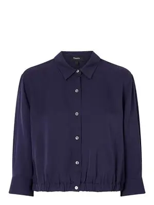 Theory Theory Gathered Crop Silk-Crepe Shirt Navy