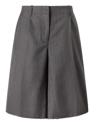 Our Legacy Jumbo Distressed Pleated Striped Cotton And Wool-blend Shorts - Gray