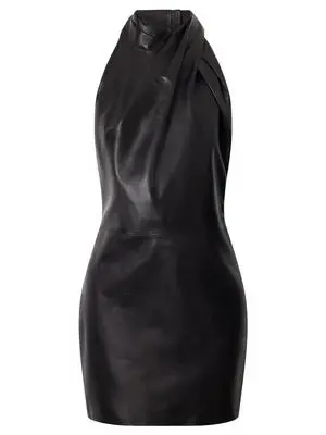 Balmain Paneled Halterneck Leather Mini Dress - Black
