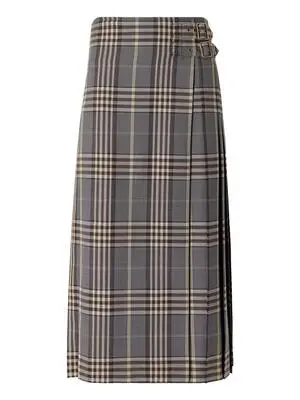Burberry Pleated Checked Wool Midi Skirt - Beige