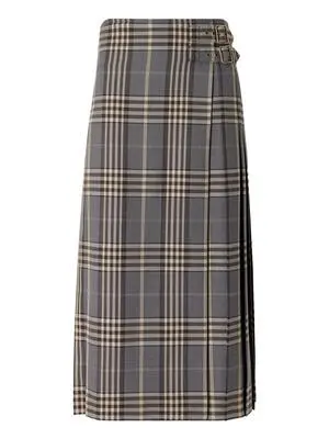 Burberry Pleated Checked Wool Midi Skirt - Neutrals