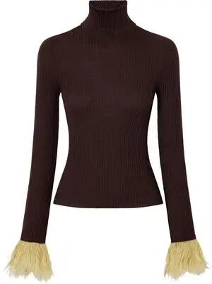 La DoubleJ Feathers-trimmed Ribbed Cashmere And Silk-blend Turtleneck Sweater - Brown
