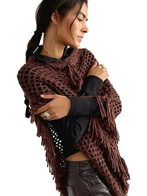 Free People Free People Norr Crochet Poncho With Fringe Trim Ganache