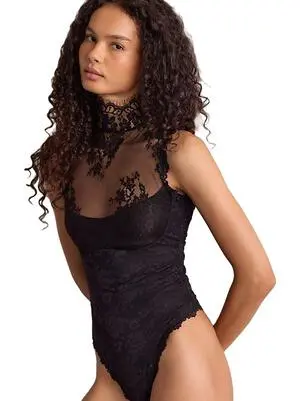 Free People Intimately Bodysuit With Scalloped Lace And High Mock Neckline - Black