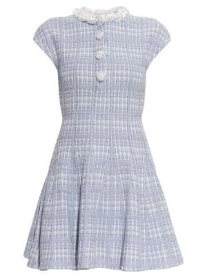 SELF-PORTRAIT Textured Tweed Appliqué Round Neck Mini Dress - Blue