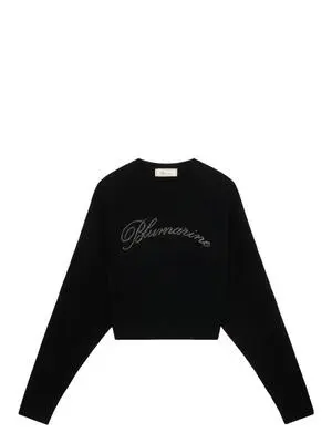 Blumarine Cropped Sweater With Rhinestone Logo - Black